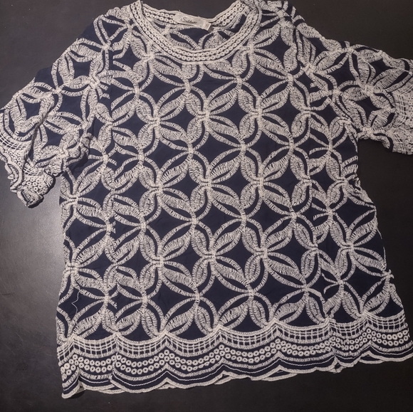 Solitaire | Tops | Solitaire Navy And White Embroidered Fabric | Poshmark